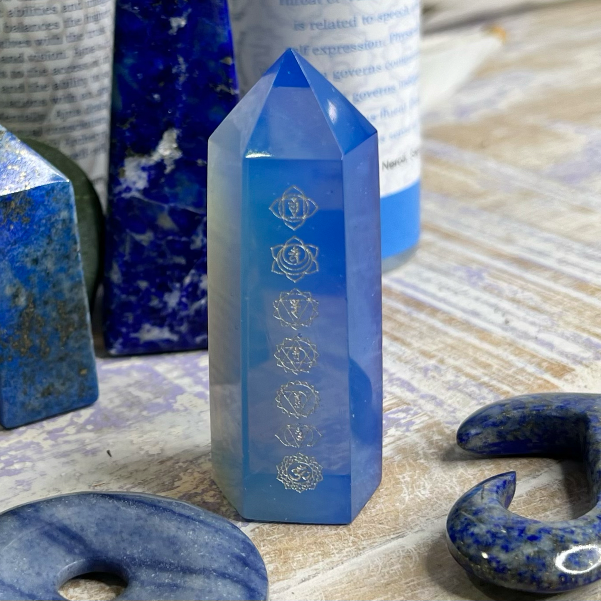 Blue Opalite Tower with Chakra Symbols – The Gaia Healing Stone